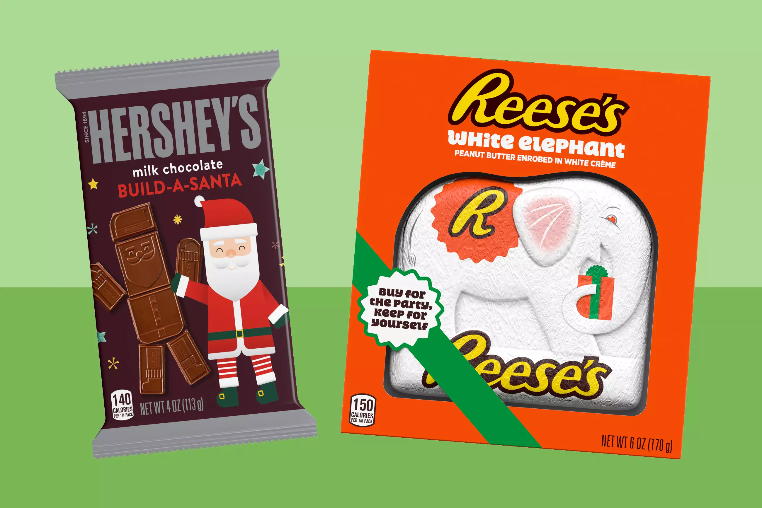 Hershey's Milk Chocolate Build-a-Santa ir Reese's White Elephant dviejų atspalvių žaliame fone