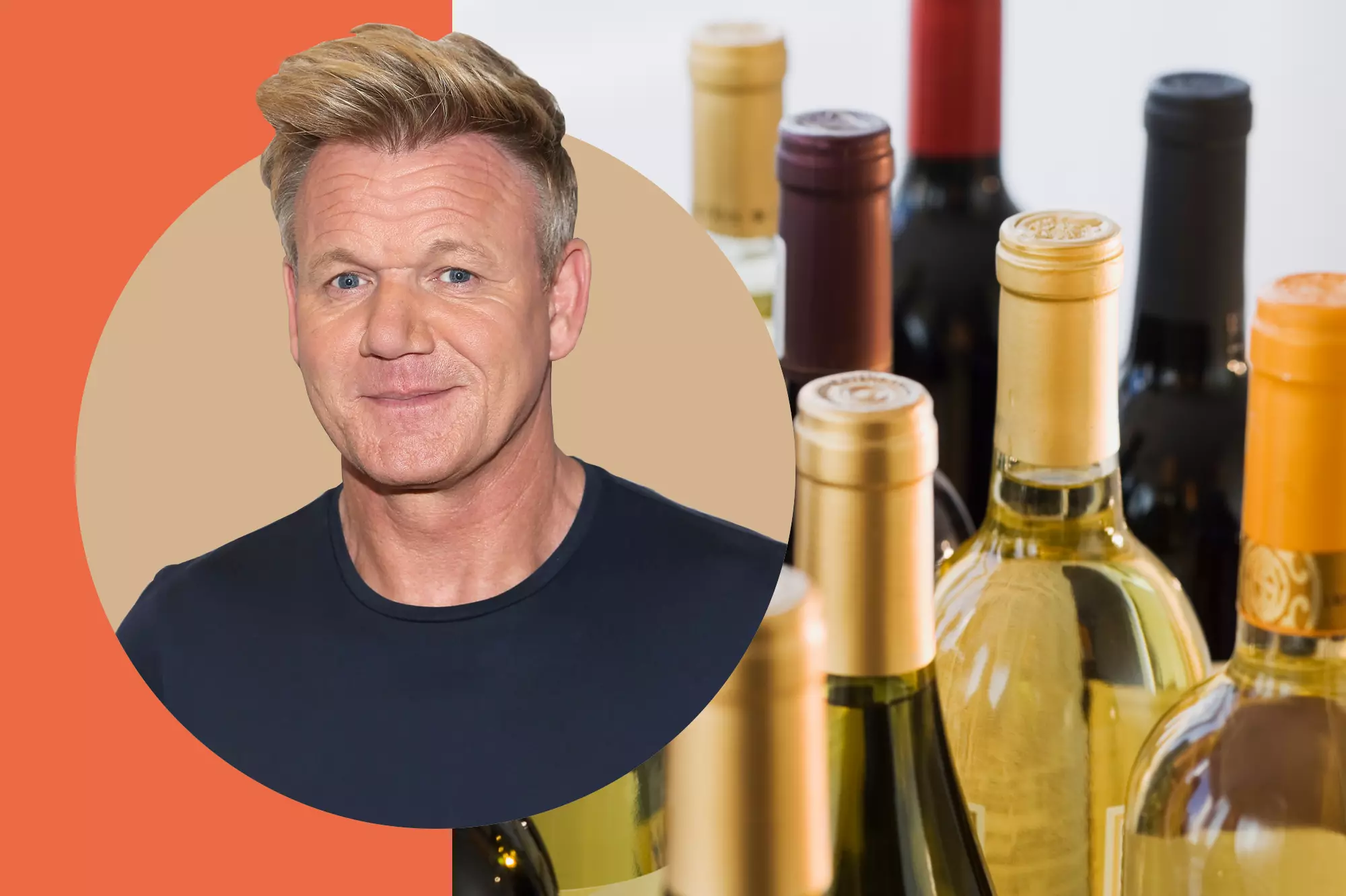 Gordon Ramsay (vlevo), různé lahve vína (vpravo)