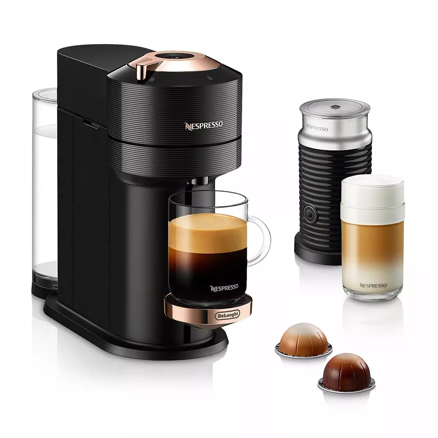 Nespresso Vertuo Next Premium Coffee and Espresso Maker by DeLonghi by Aeroccino Milk Frother, Black Rose Gold