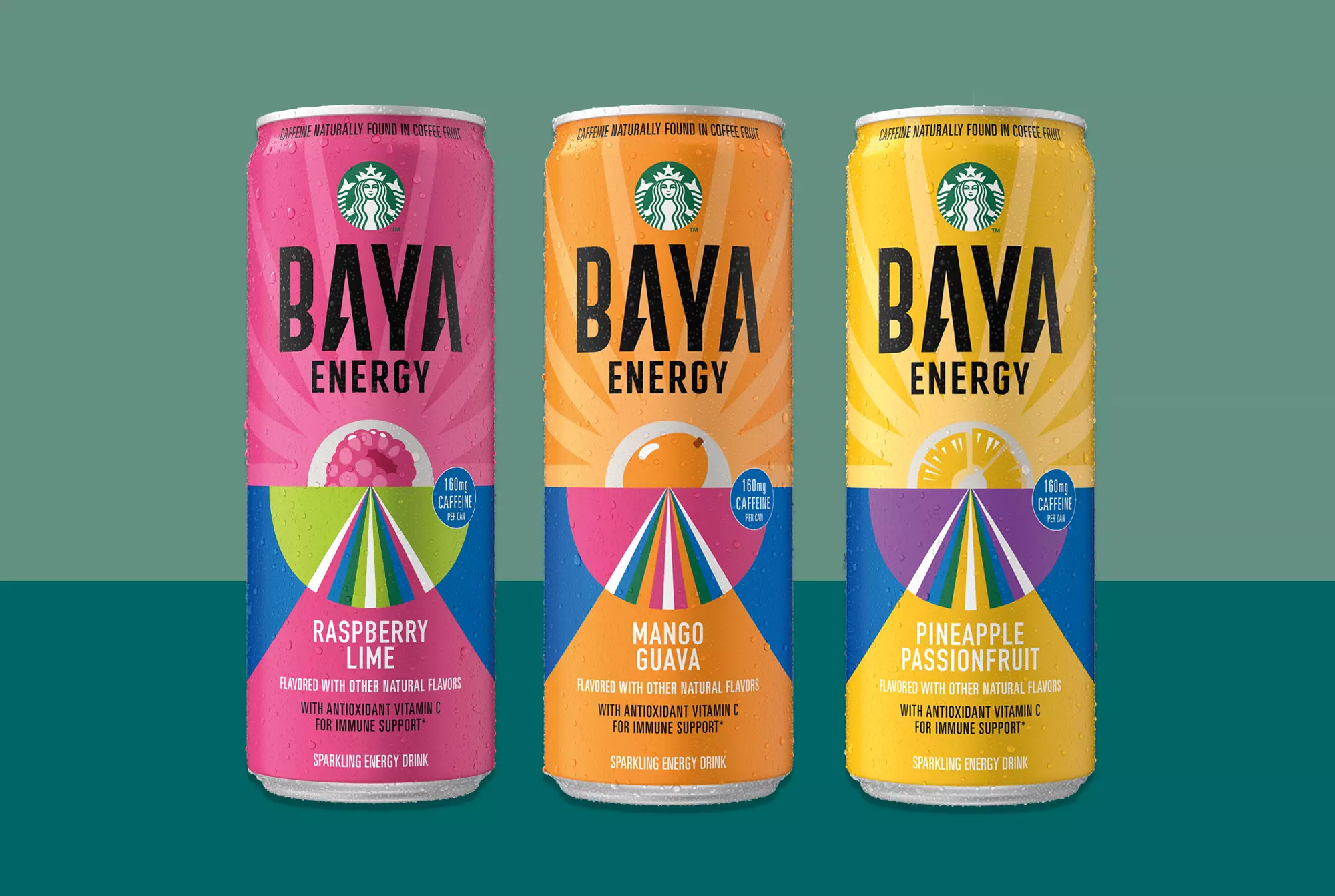 Energetické nápoje Starbucks BAYA s malinovou limetkou, mangovou guavou a ananasovou mučenkou