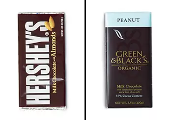 Hershey's Milk-Chocolate Almond bar kumpara sa Green & Black's Chocolate-Nut Bar