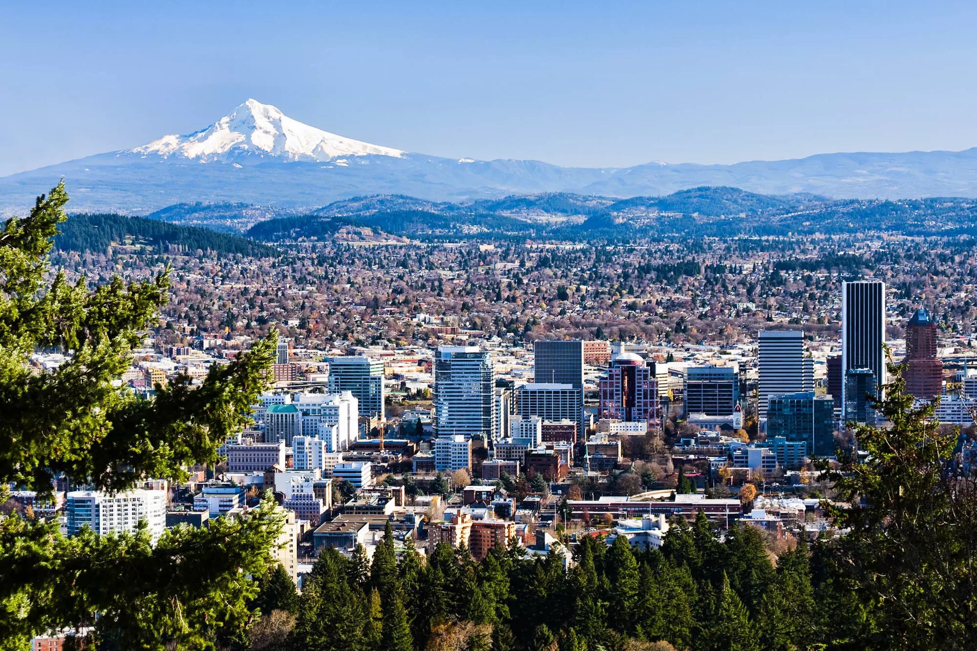 Panoramę Portland z widokiem na Mt Hood