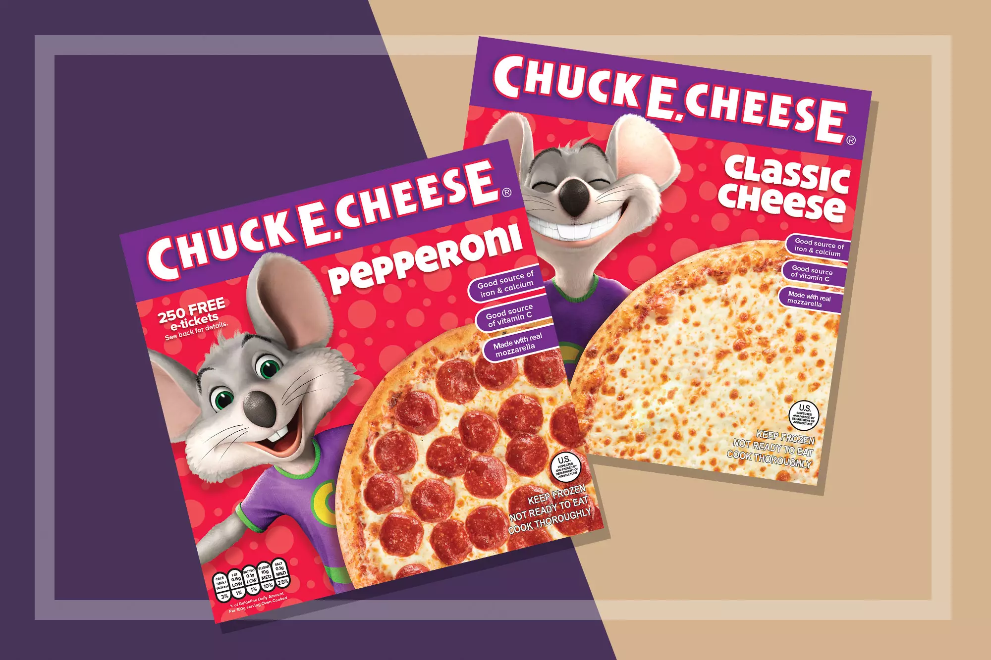Caixas de pepperoni Chuck E. Cheese e pizzas clásicas de queixo