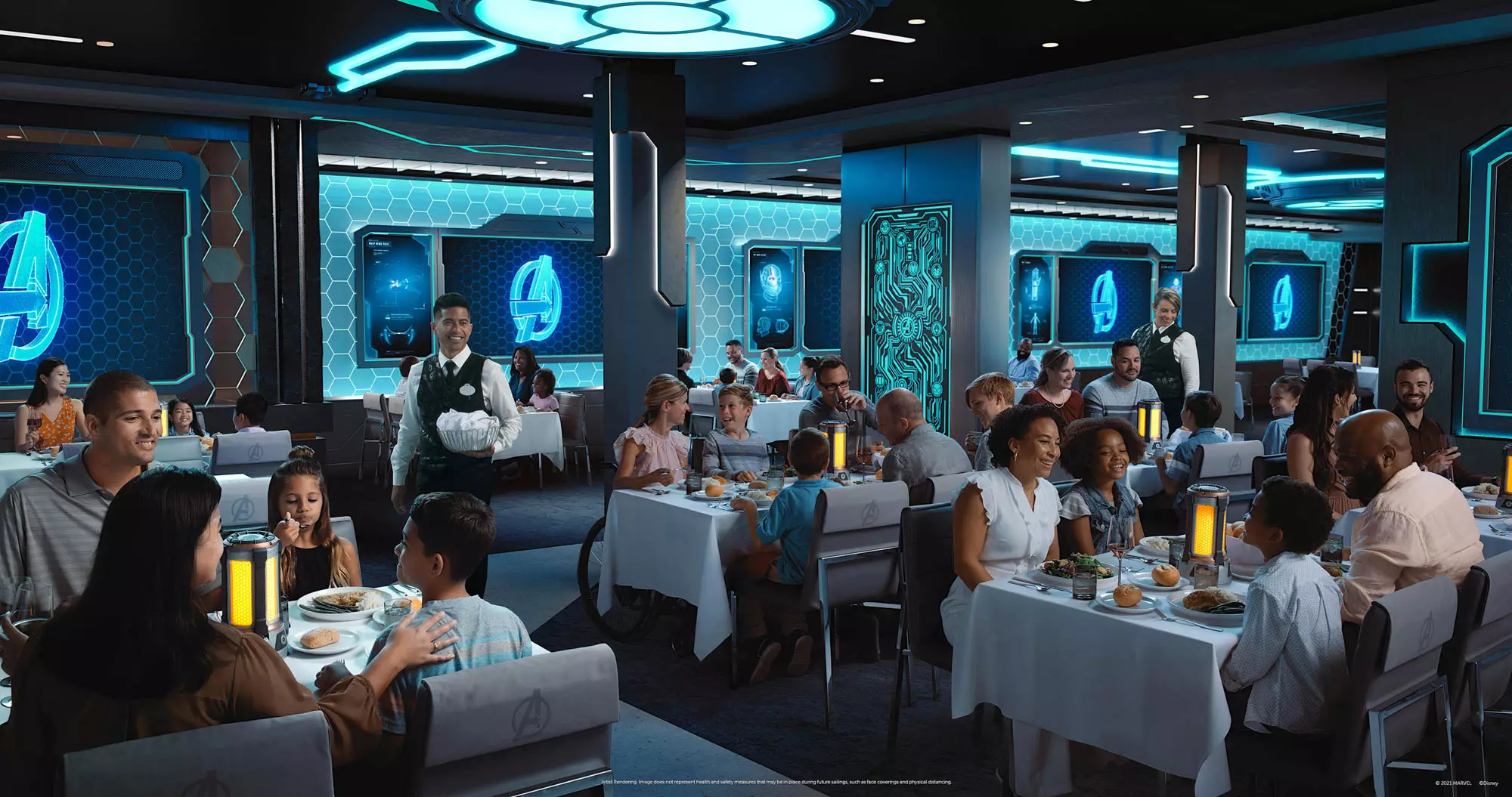 Worlds of Marvel Restaurant'ın iç tasarımı