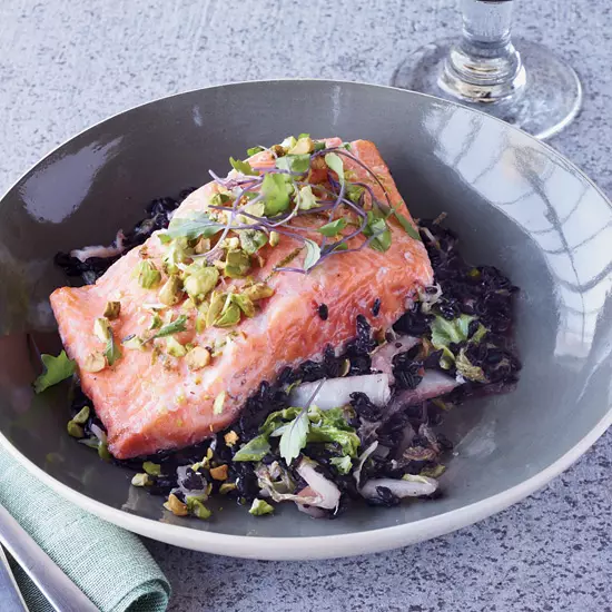 Arctic Char, Black Rice ak Napa Chou En Papillote