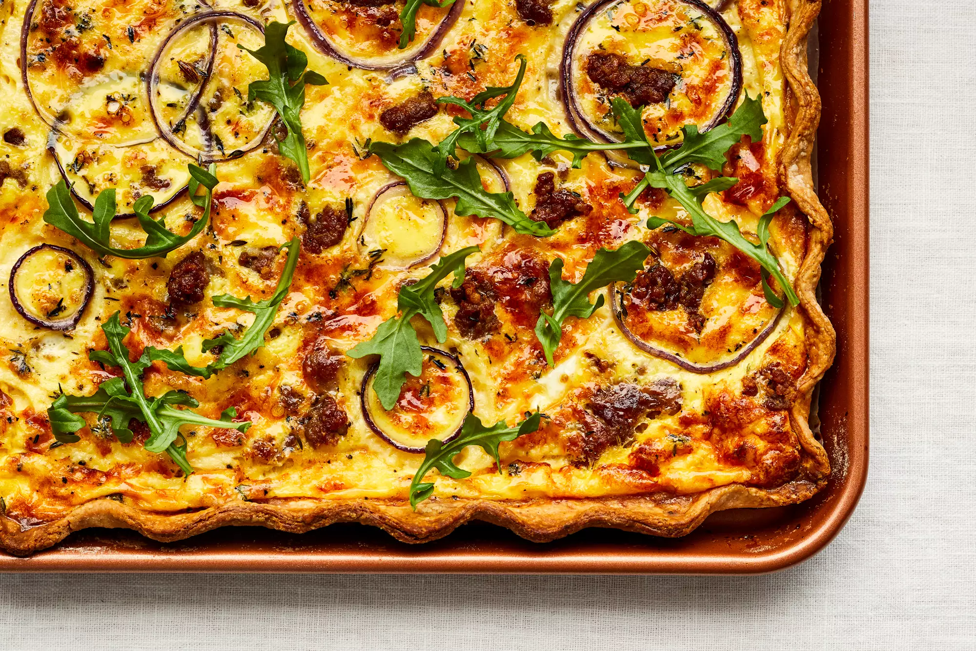 Sausage da Red Albasa Sheet Pan Quiche